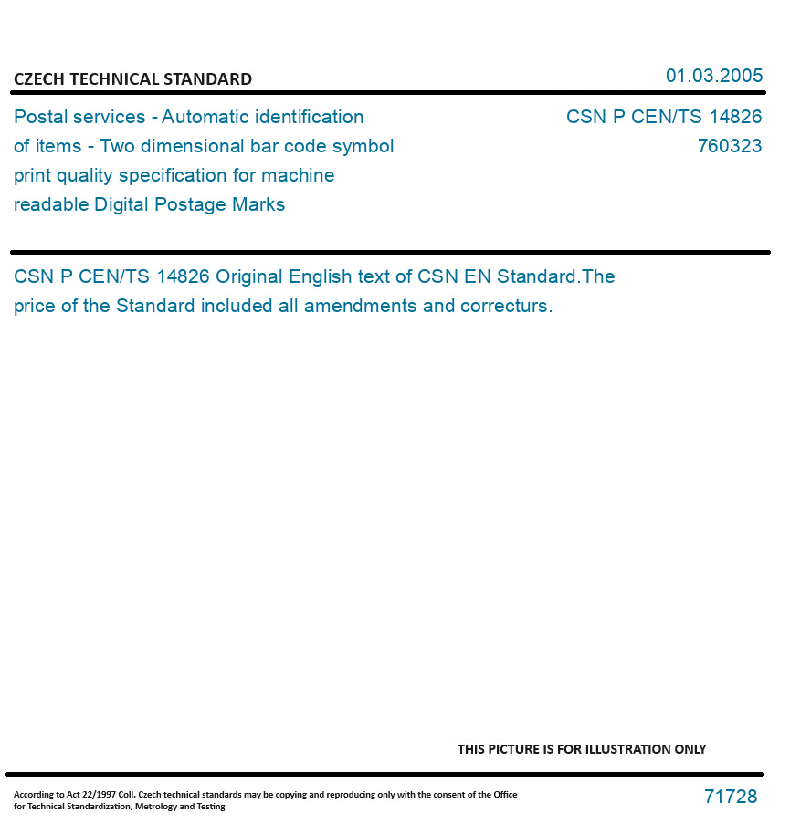 CSN P CEN/TS 14826 - Postal services - Automatic identification of ...
