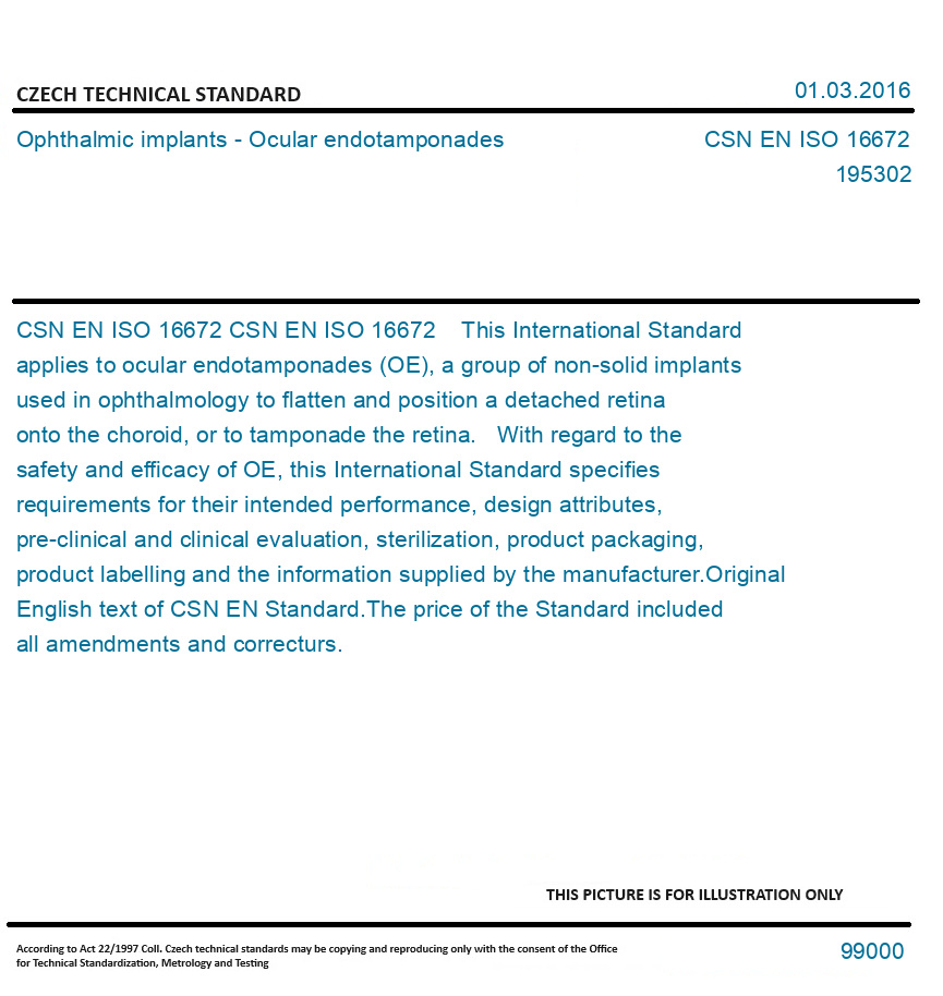 CSN EN ISO 16672 - Ophthalmic implants - Ocular endotamponades