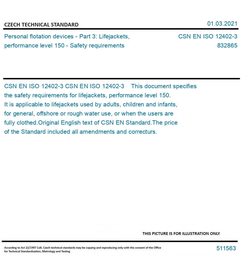 CSN EN ISO 12402-3 - Personal flotation devices - Part 3: Lifejackets, performance level 150 ...