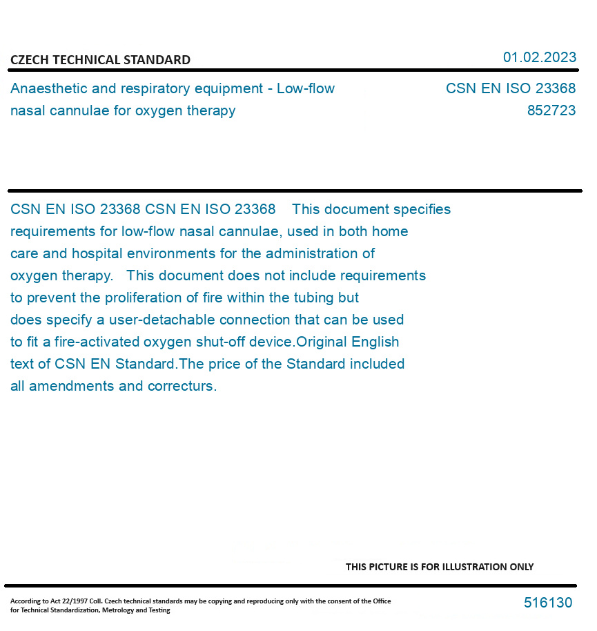CSN EN ISO 23368 - Anaesthetic and respiratory equipment - Low-flow nasal cannulae for oxygen ...