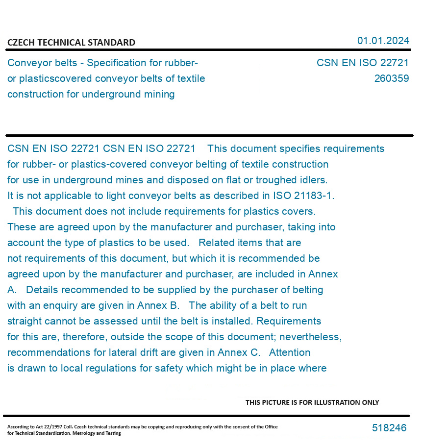 CSN EN ISO 22721 - Conveyor belts - Specification for rubber- or plasticscovered conveyor belts ...