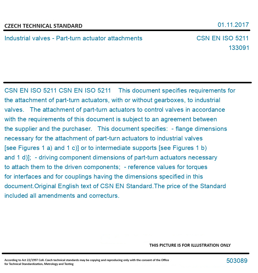 CSN EN ISO 5211 - Industrial valves - Part-turn actuator attachments