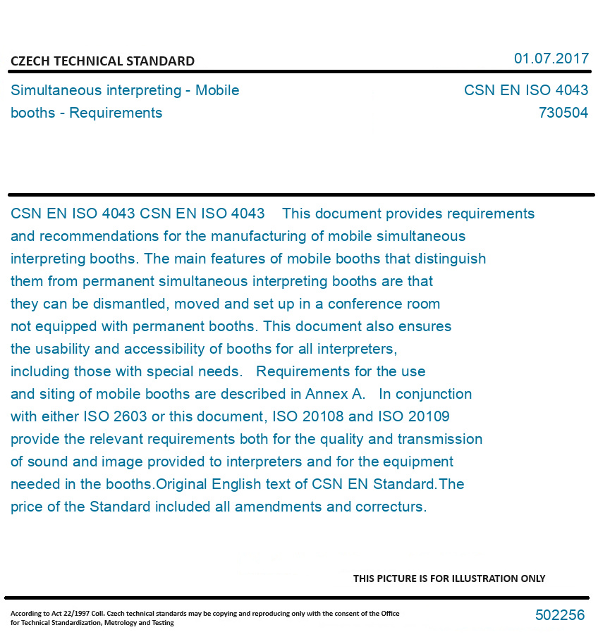 CSN EN ISO 4043 - Simultaneous interpreting - Mobile booths - Requirements