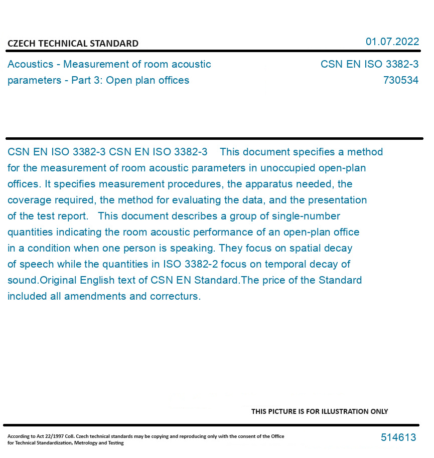 CSN EN ISO 3382-3 - Acoustics - Measurement of room acoustic parameters - Part 3: Open plan offices