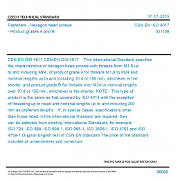 CSN EN ISO 4017 - Fasteners - Hexagon head screws - Product grades A and B