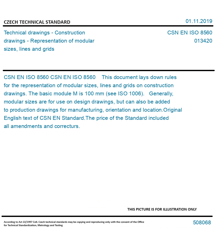 CSN EN ISO 8560 - Technical drawings - Construction drawings - Representation of modular sizes ...