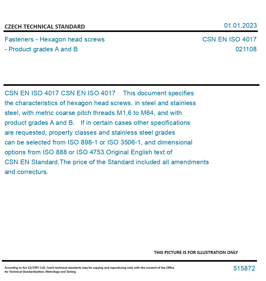 CSN EN ISO 4017 - Fasteners - Hexagon head screws - Product grades A and B
