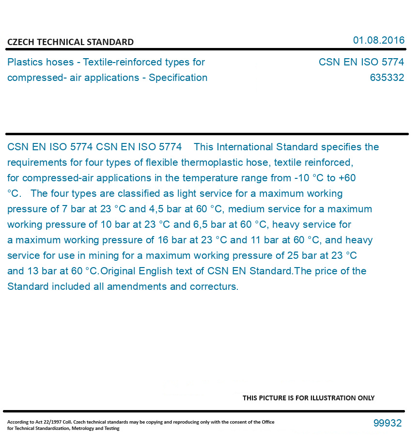 CSN EN ISO 5774 - Plastics hoses - Textile-reinforced types for compressed- air applications ...