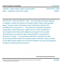 CSN EN ISO 11426 - Jewellery - Determination of gold in gold jewellery alloys - Cupellation ...
