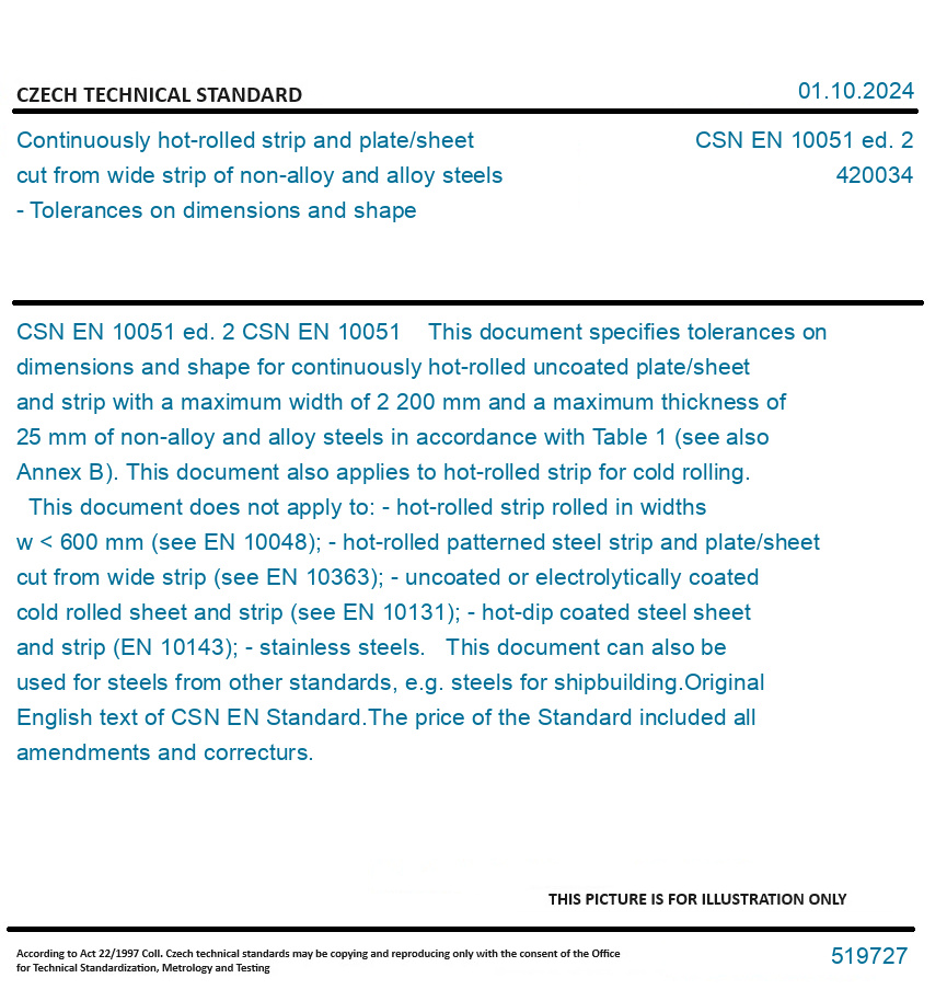 CSN EN 10051 ed. 2 - Continuously hot-rolled strip and plate/sheet cut from wide strip of non ...
