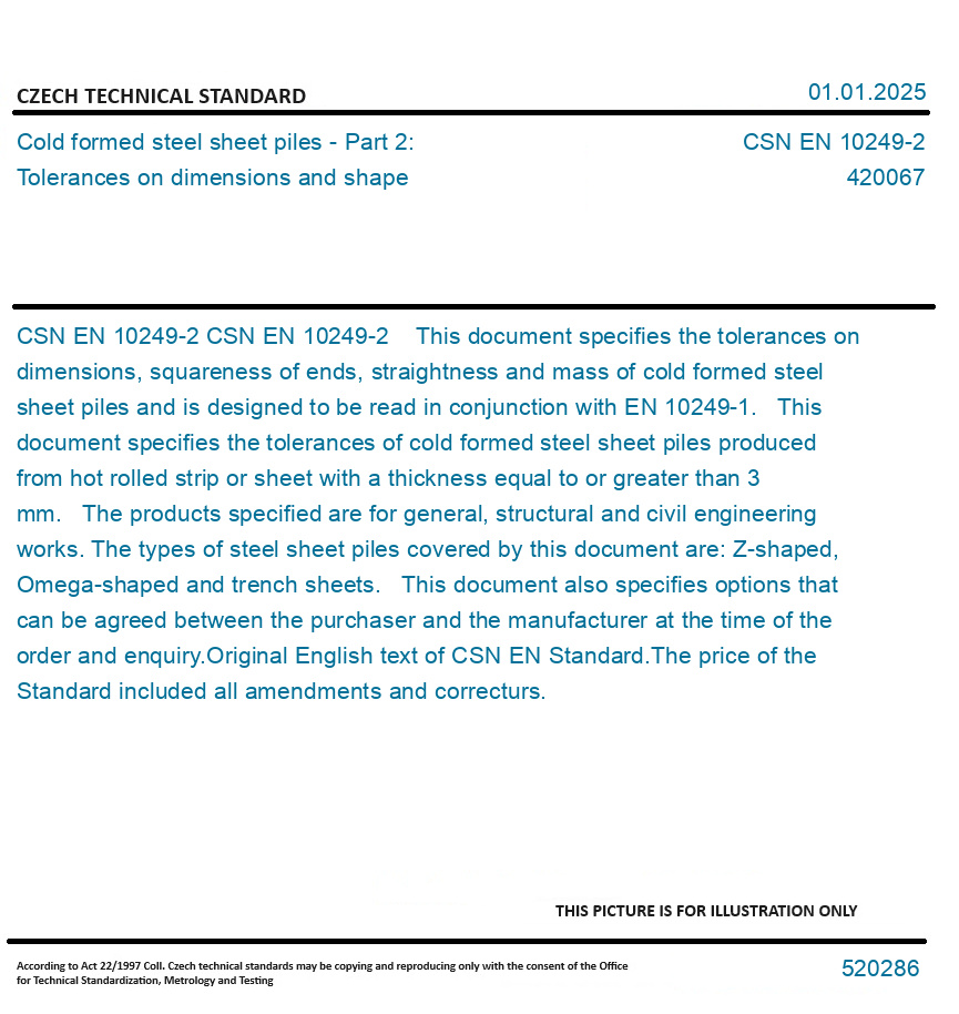 CSN EN 10249-2 - Cold formed steel sheet piles - Part 2: Tolerances on ...